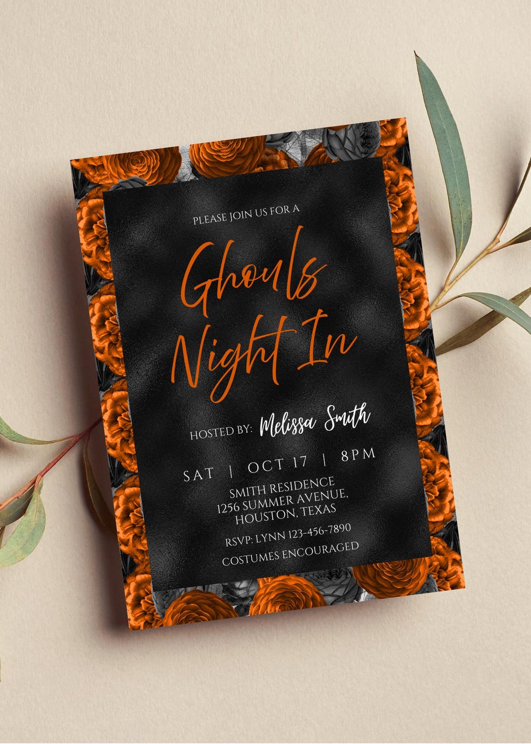 Editable Ghouls Night in Invitation Template, Orange and Black Floral ...