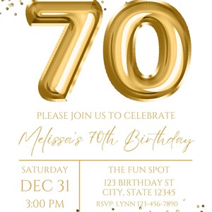 Editable 70th Birthday Invitation, Gold and White Invitation, Gold 70 ...