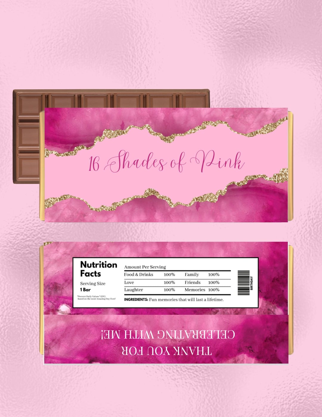 Editable Shades of Pink Candy Bar Label, Chocolate Bar, Pink and Gold ...