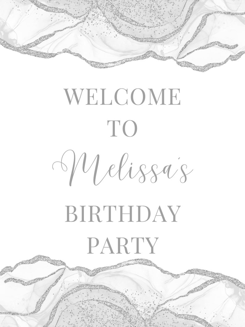 Editable White and Silver Birthday Welcome Sign Agate - Etsy