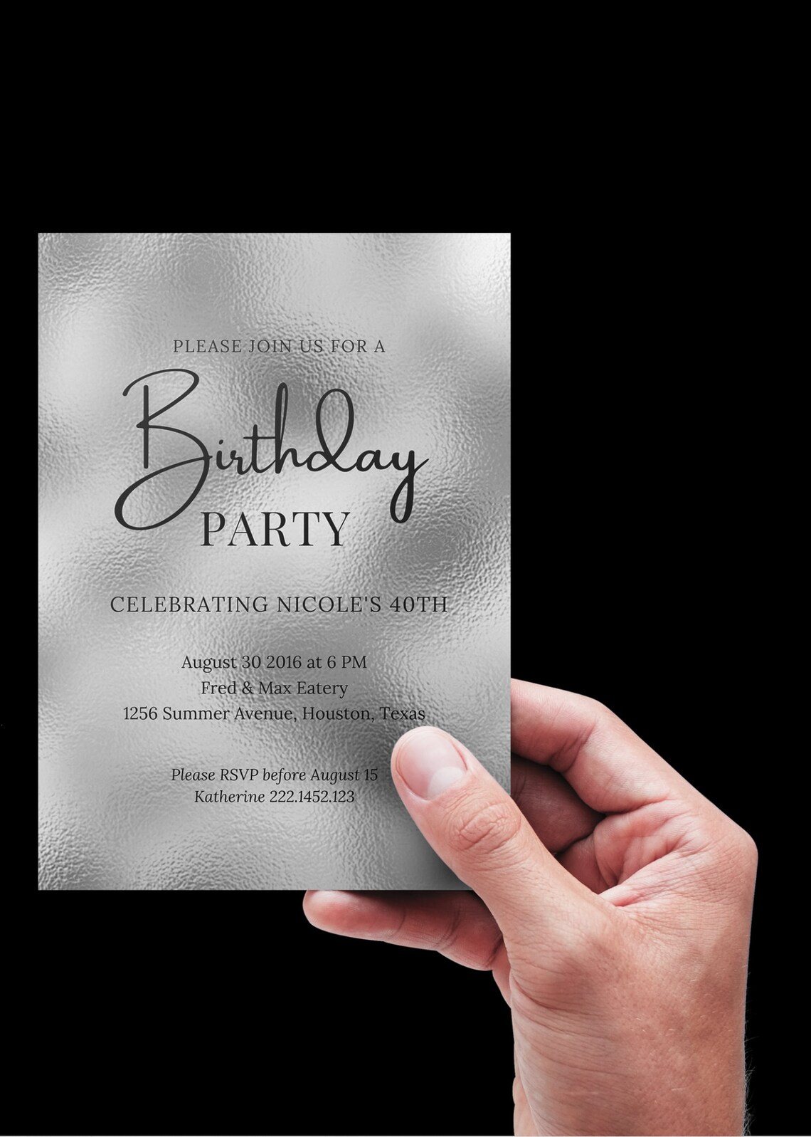 Editable Silver Birthday Invitation, Minimalist, Modern, Printable or ...