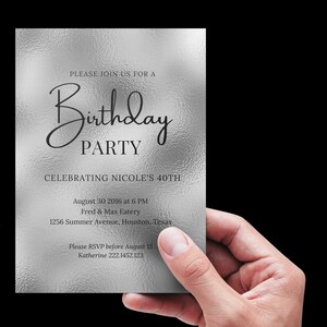 Editable Silver Birthday Invitation, Minimalist, Modern, Printable or ...
