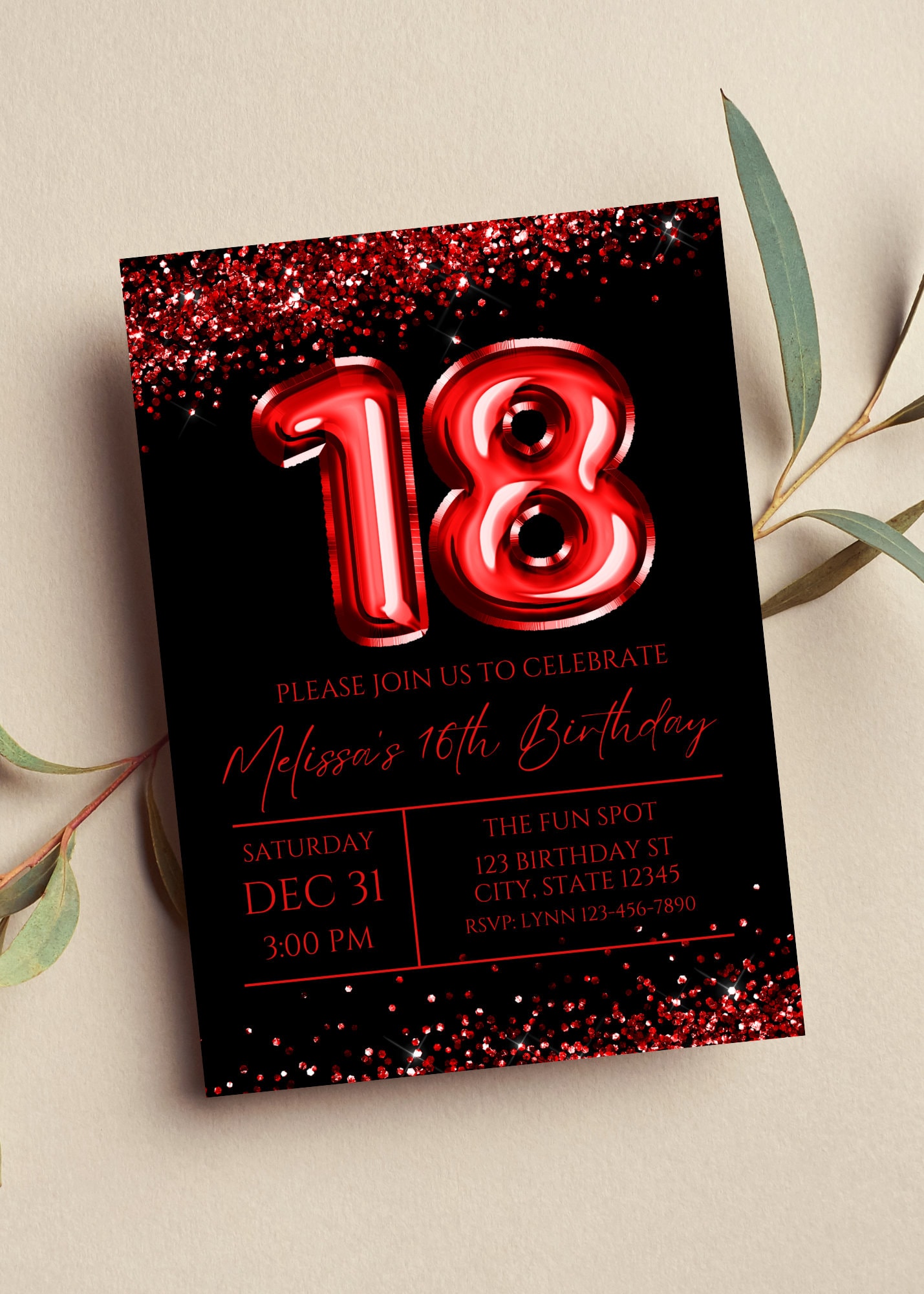 Editable 18th Birthday Invitation, Red and Black Invitation, Red 18 ...