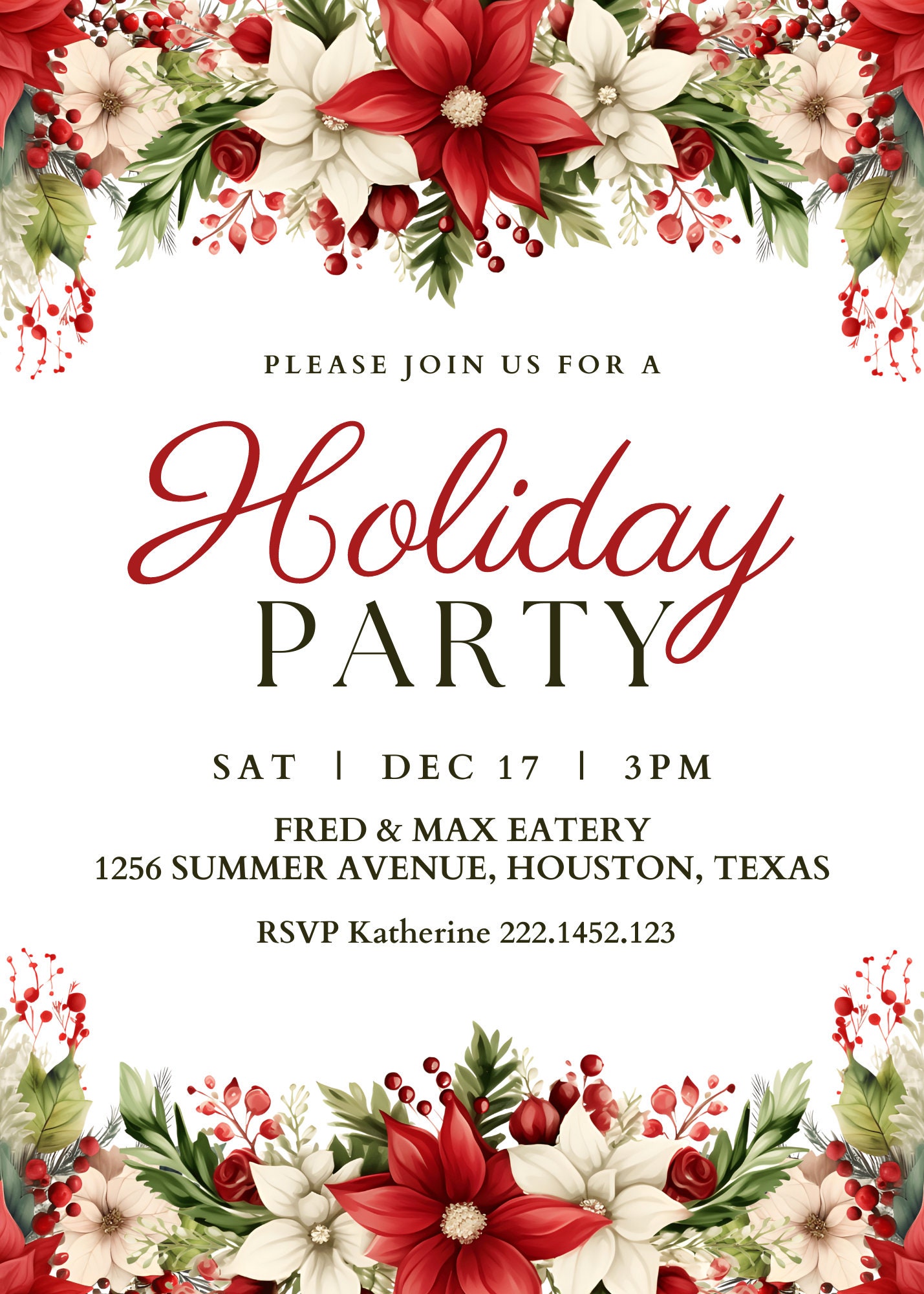 Editable Holiday Party Invitation, Christmas Party, Florals, Printable ...