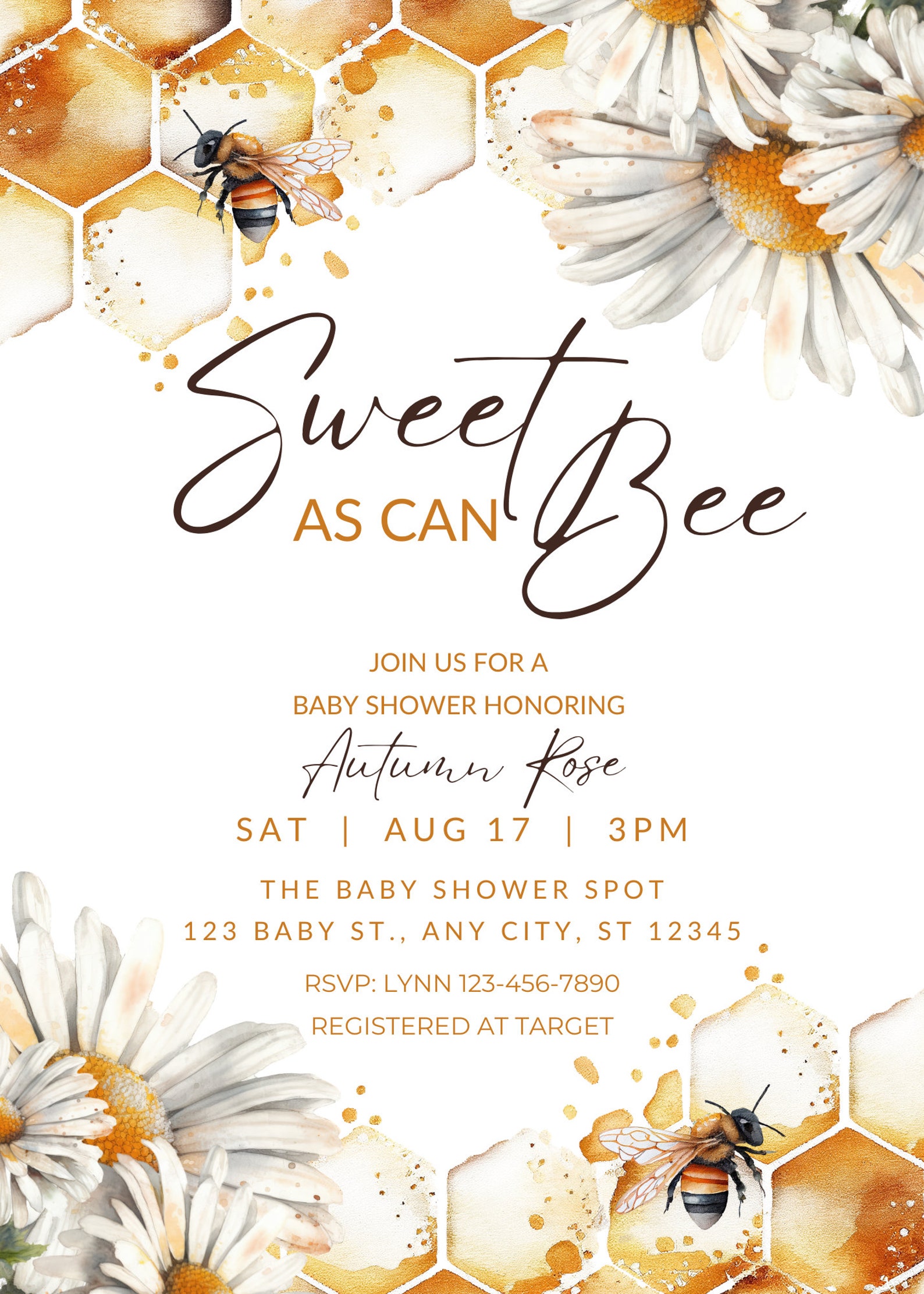 Editable Sweet as Can Bee Baby Shower Invitation, Daisy, Honeycomb ...