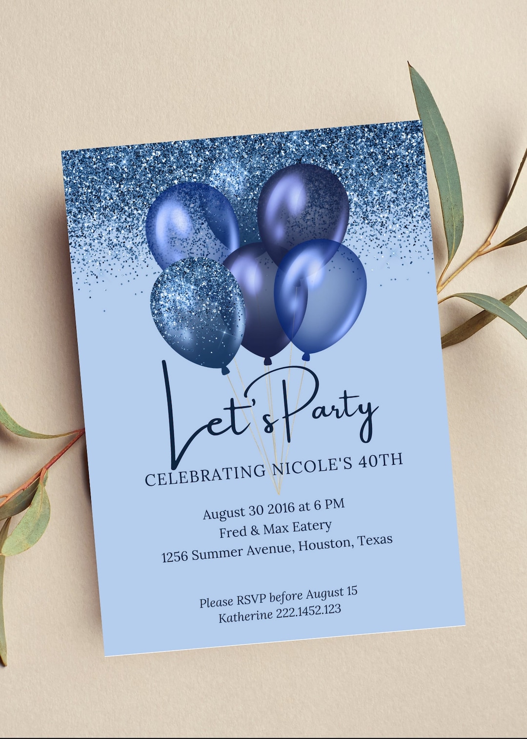 Editable Blue Birthday Invitation, Let's Party Blue Balloons Invite ...