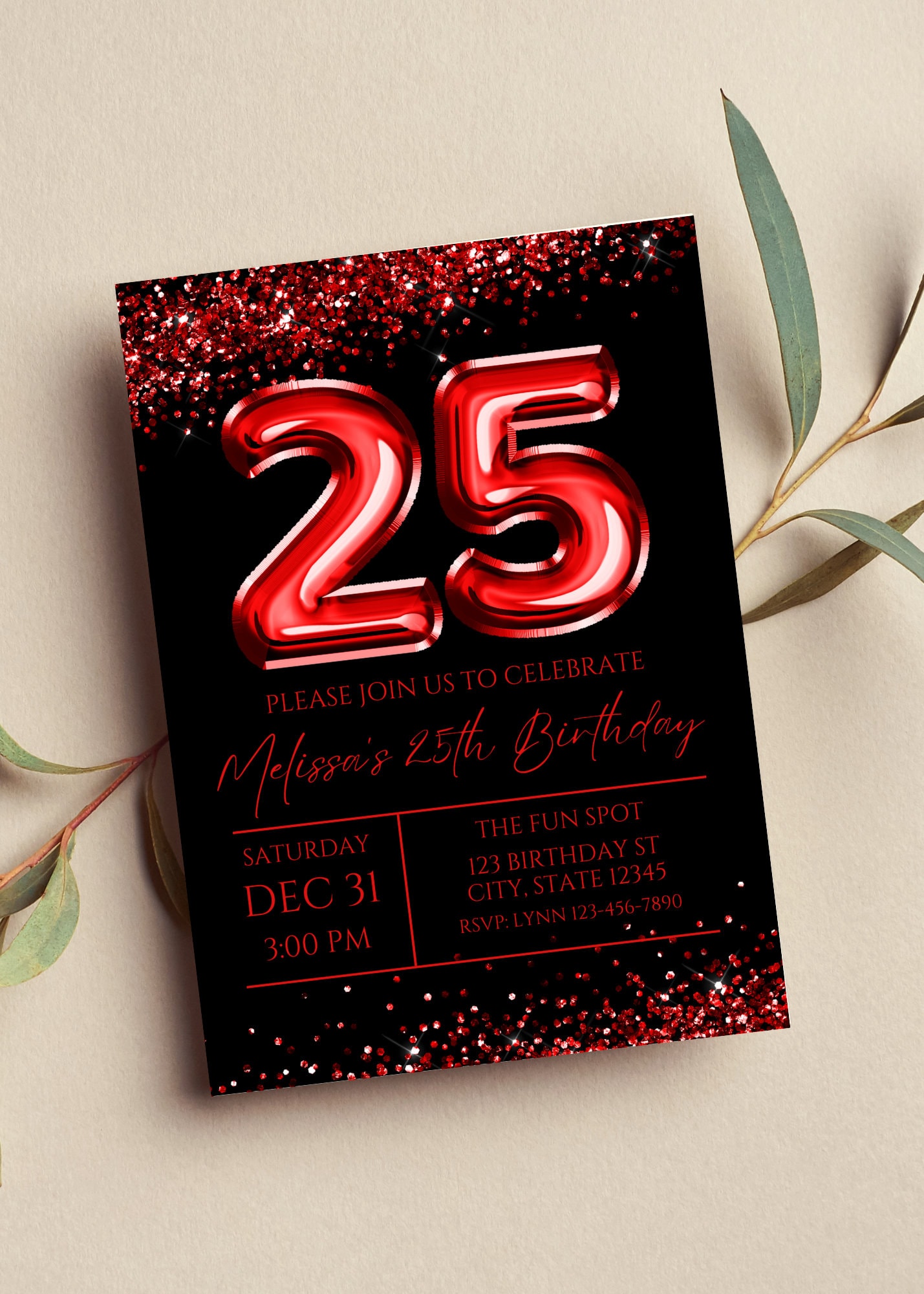 Editable 25th Birthday Invitation, Red and Black Invitation, Red 25 ...
