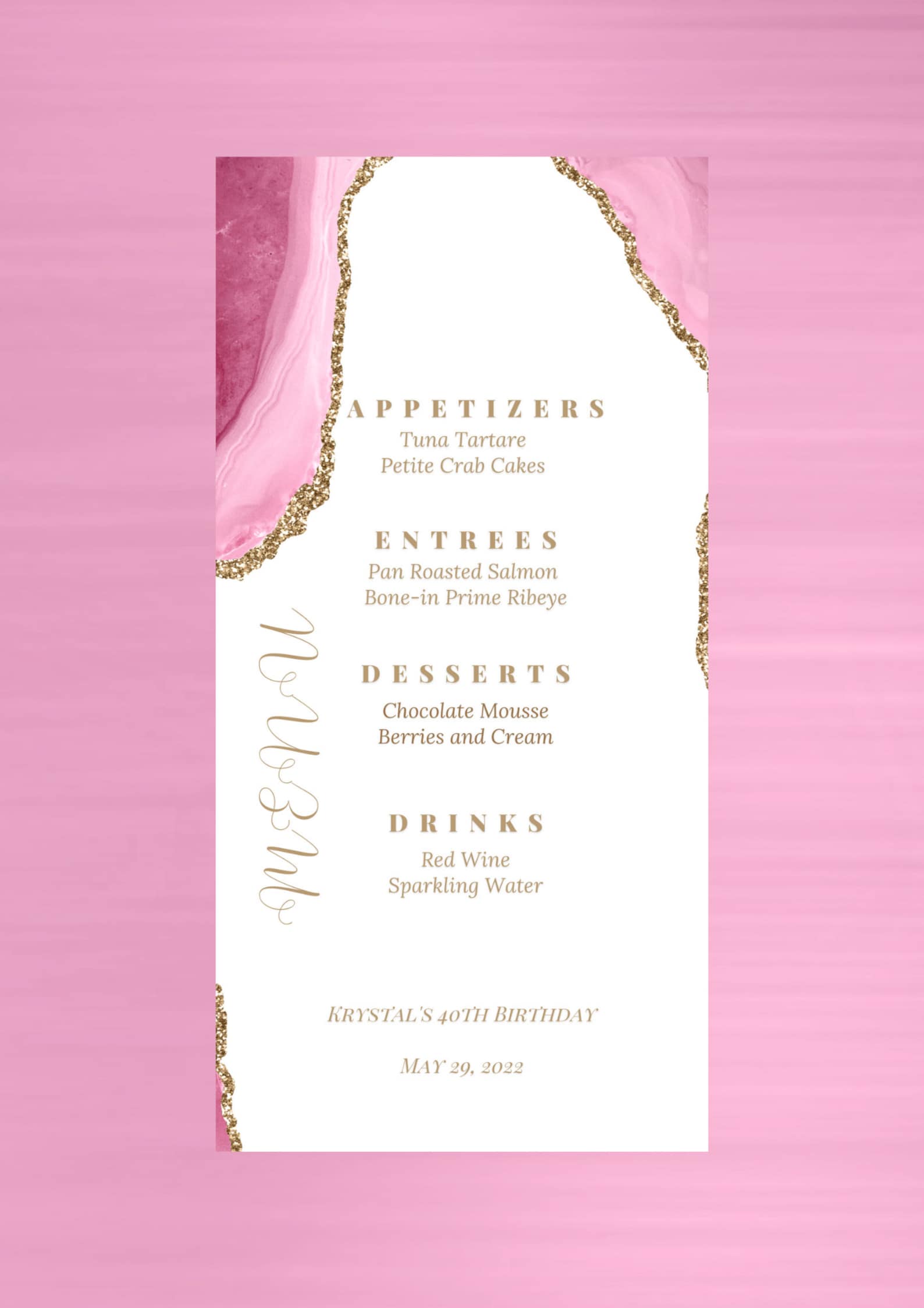 Editable Birthday Party Menu Card Template Pink and Gold - Etsy