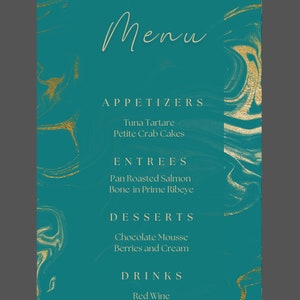 Editable Teal and Gold Menu Card Template, Marble Design, Luxury, Menu ...