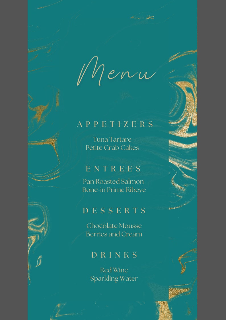 Editable Teal and Gold Menu Card Template Marble Design - Etsy