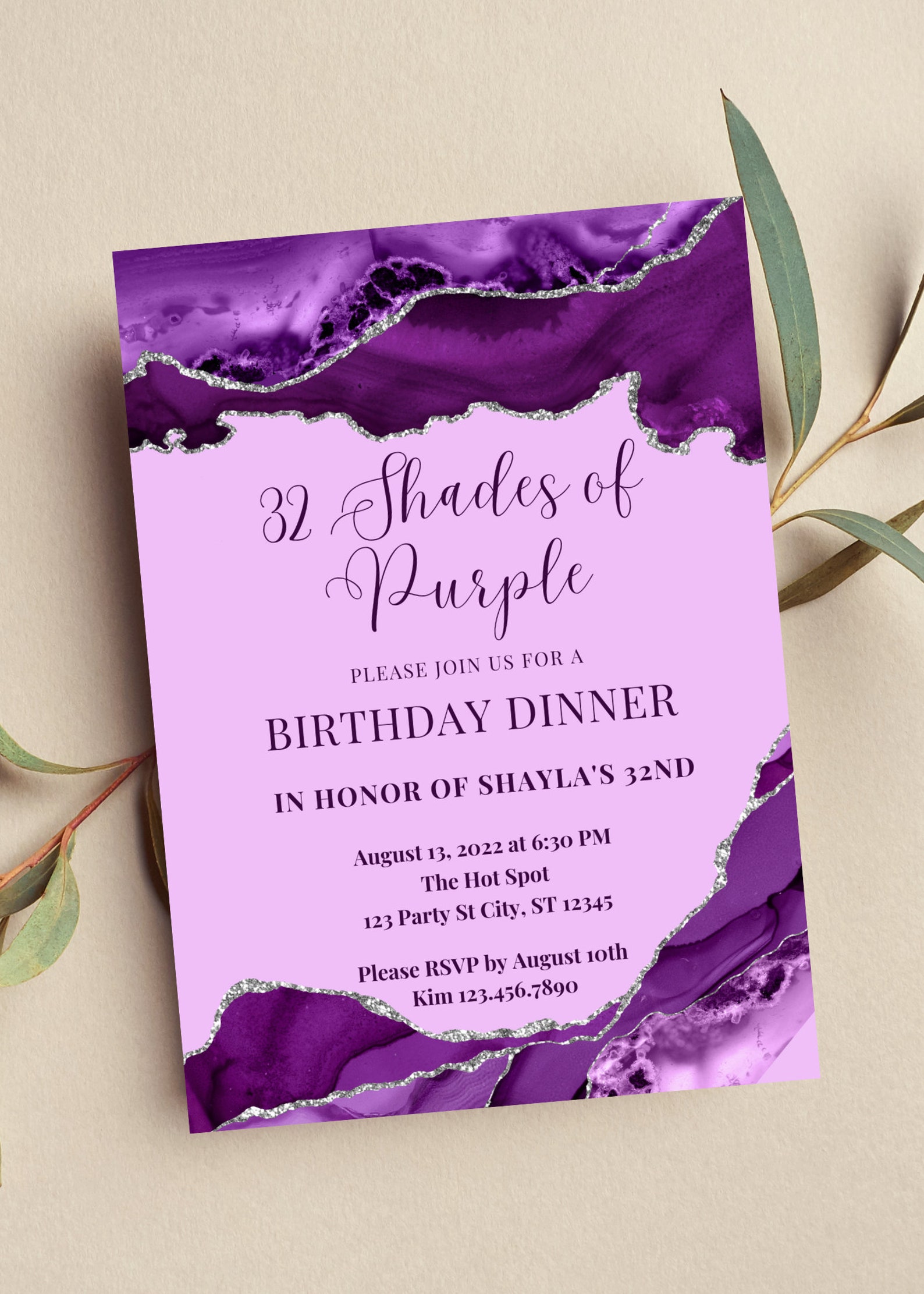 Editable Shades of Purple Invitation, Purple and Silver, Birthday ...
