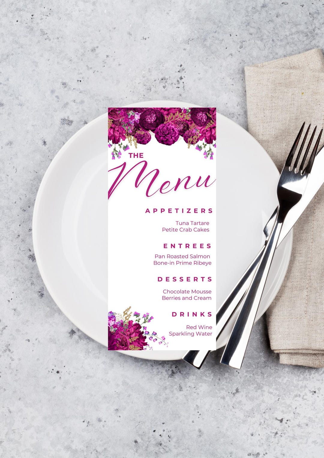 Fuchsia Floral Menu Template, Printable Party Menu (digital Download ...