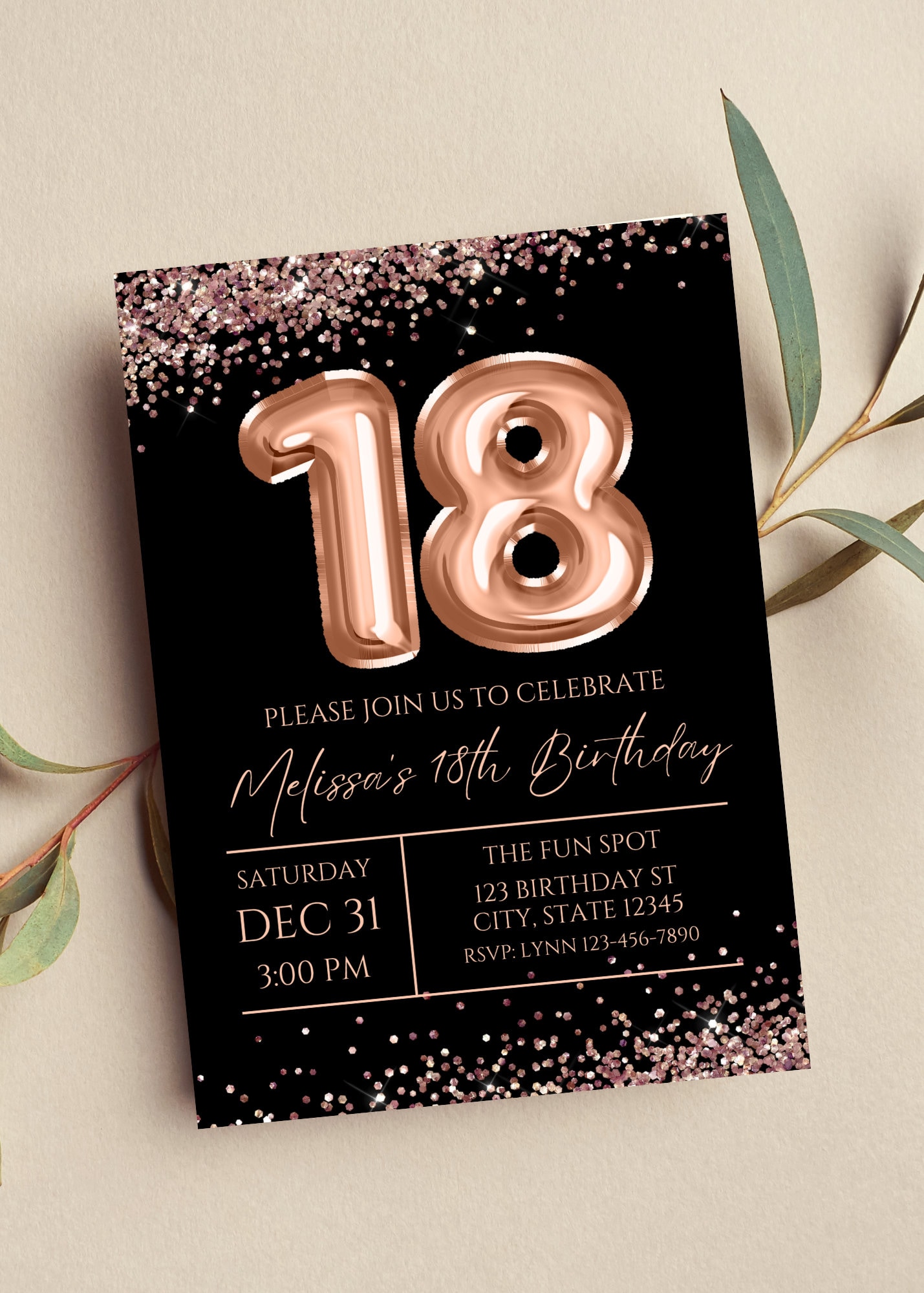Editable 18th Birthday Invitation Rose Gold and Black - Etsy UK
