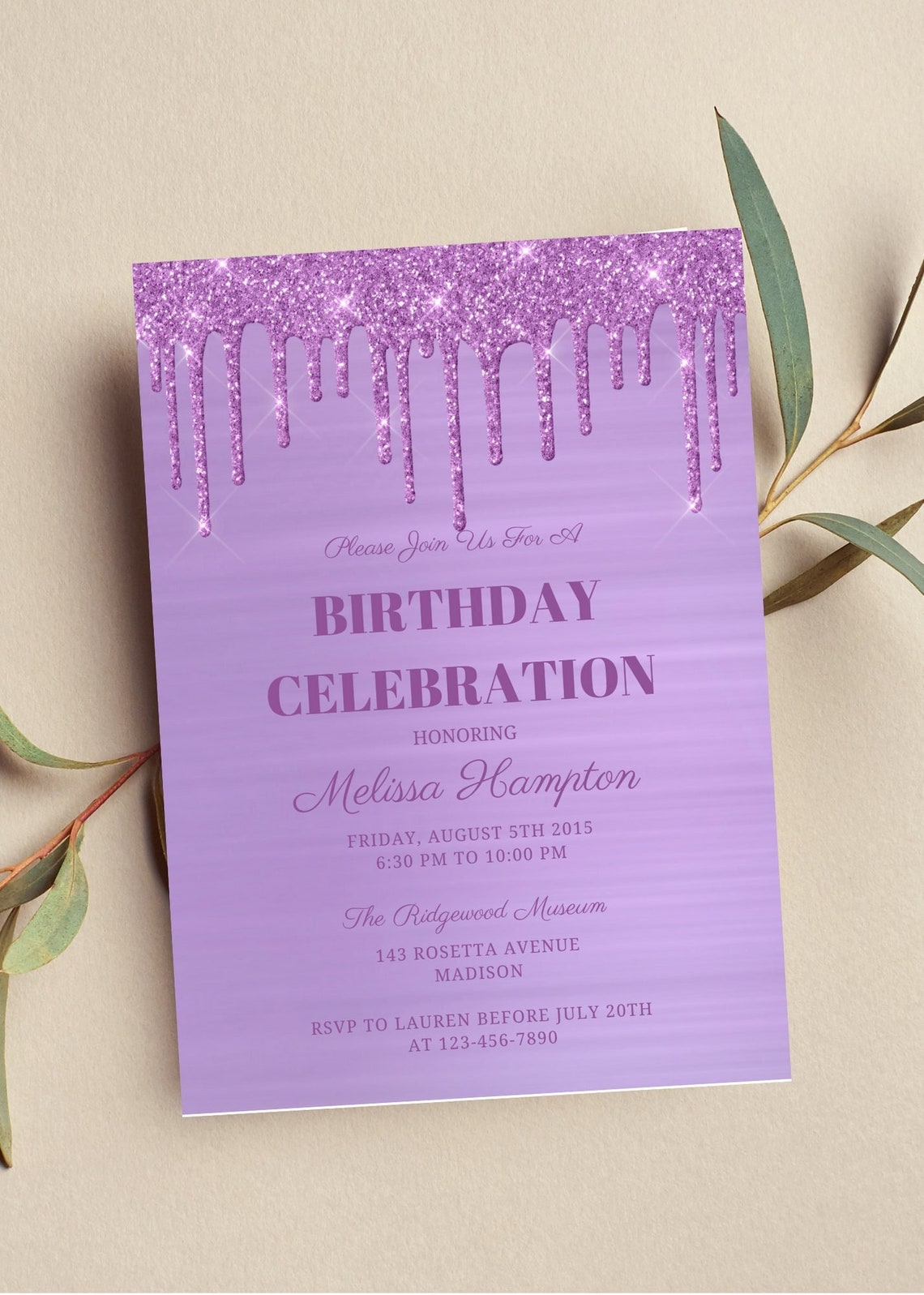 Editable Purple Birthday Invitation Purple Glitter Drip - Etsy