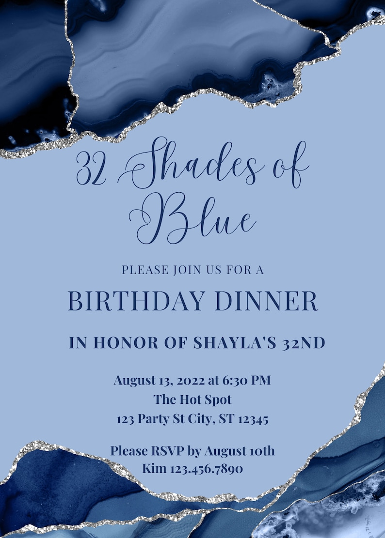 Editable Shades of Blue Invitation Blue Birthday Dinner - Etsy