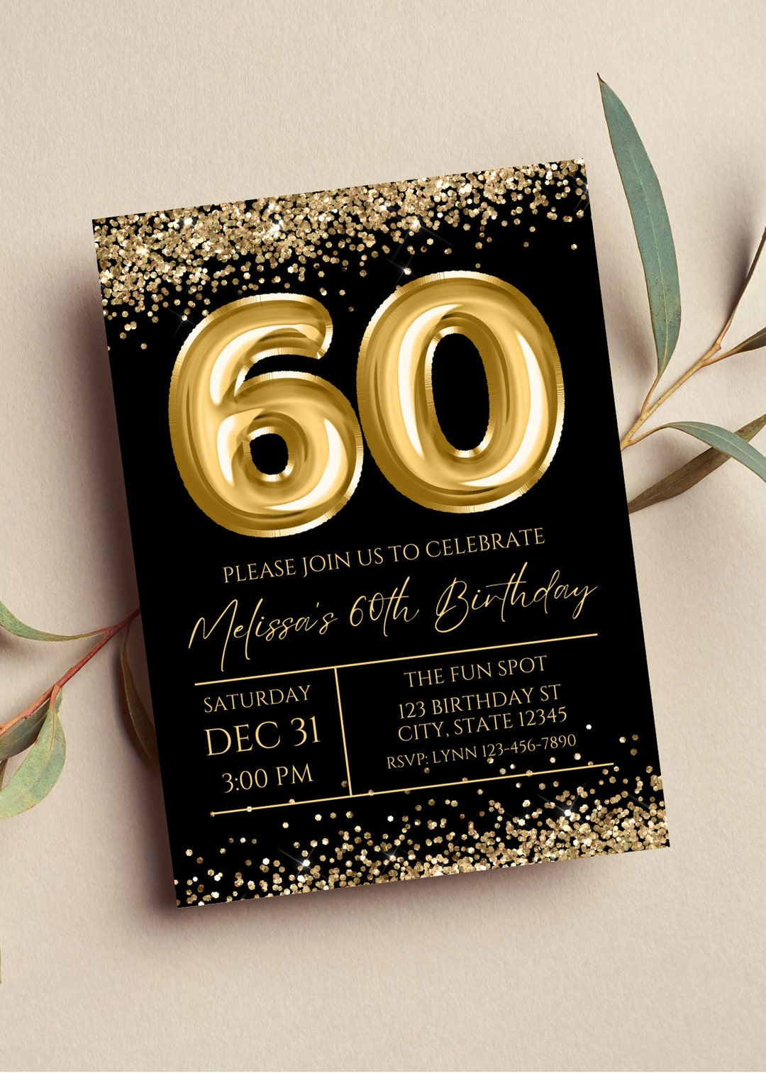 Editable 60th Birthday Invitation, Gold and Black Invitation, Gold 60 ...
