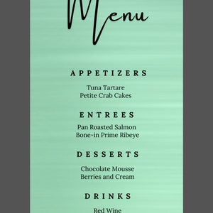 Editable Mint Green Menu Card Template, Modern, Minimalist Menu Cards ...