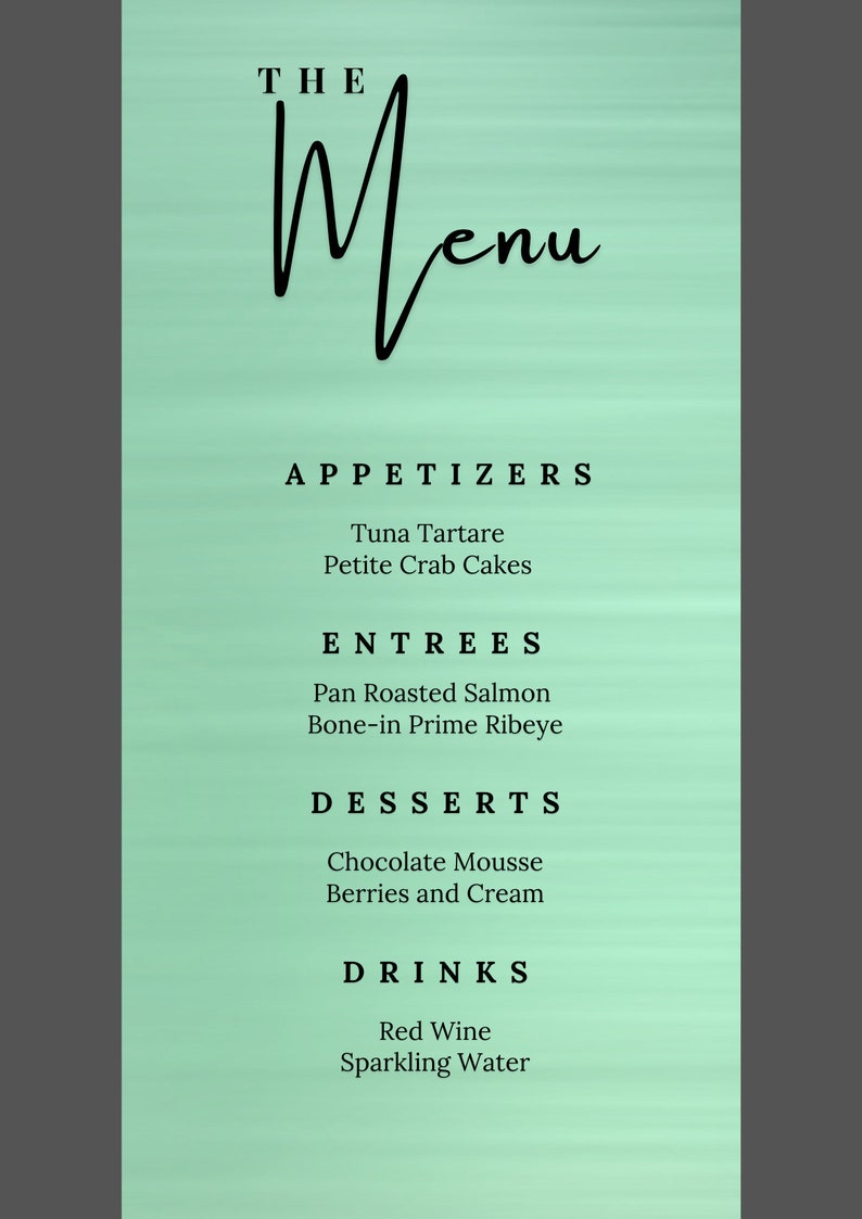 Editable Mint Green Menu Card Template Modern Minimalist - Etsy
