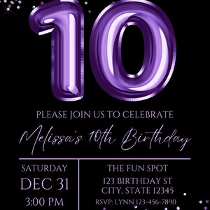 Editable 10th Birthday Invitation, Purple and Black Invitation, Purple ...