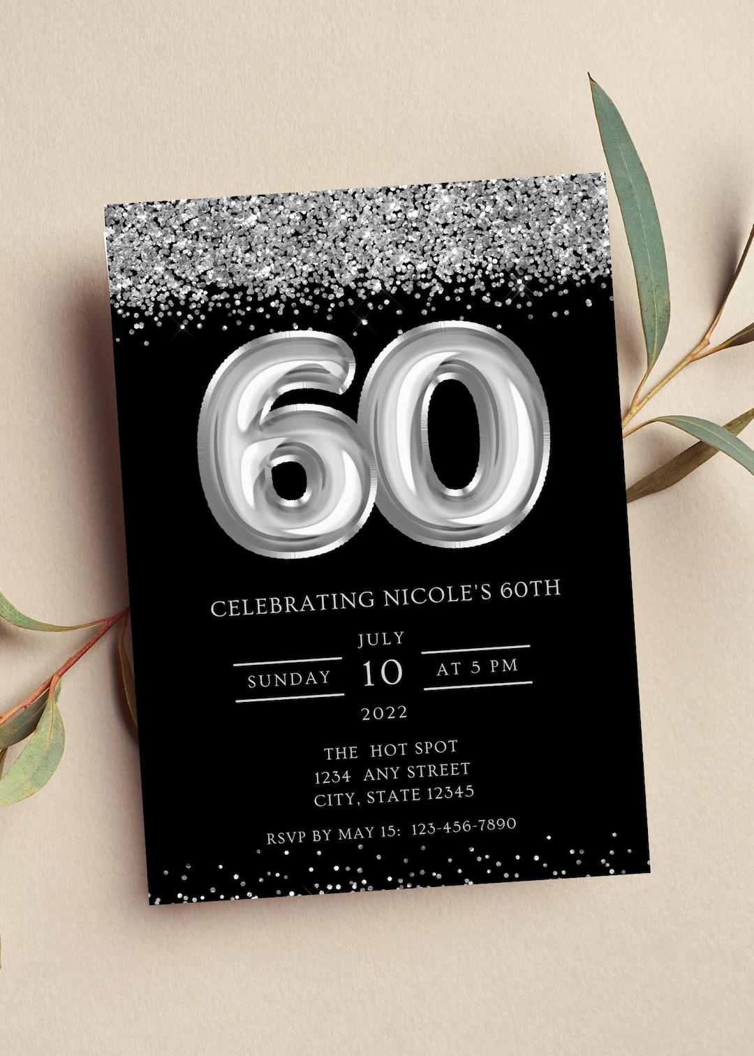 Editable 60th Birthday Invitation, Black and Silver Invitation, Silver ...