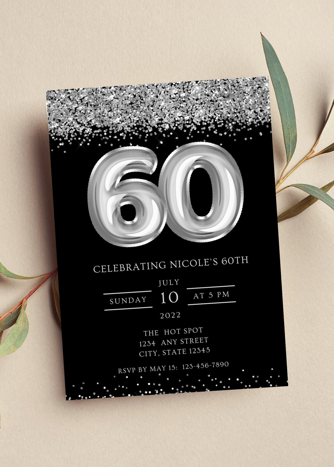 Editable 60th Birthday Invitation Black and Silver - Etsy