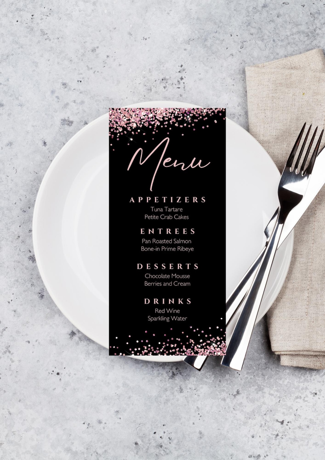 Editable Pink Glitter Menu Template Printable Dinner Party Card (4x9 ...