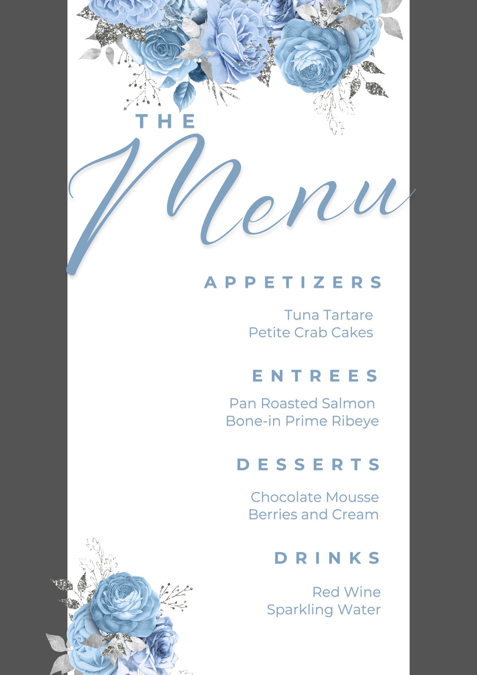 Editable Menu Cards Template, Baby Blue and Silver Menu, Floral, Dinner ...