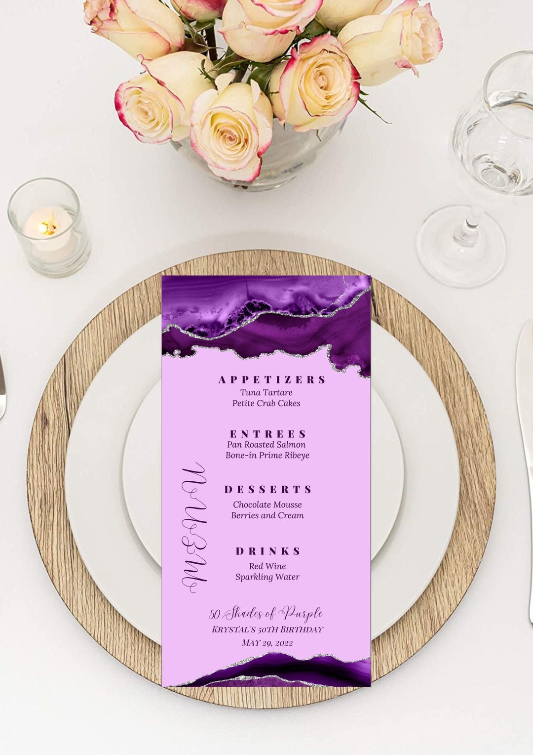 Editable Shades of Purple Menu Card Template, Purple and Silver Menu ...
