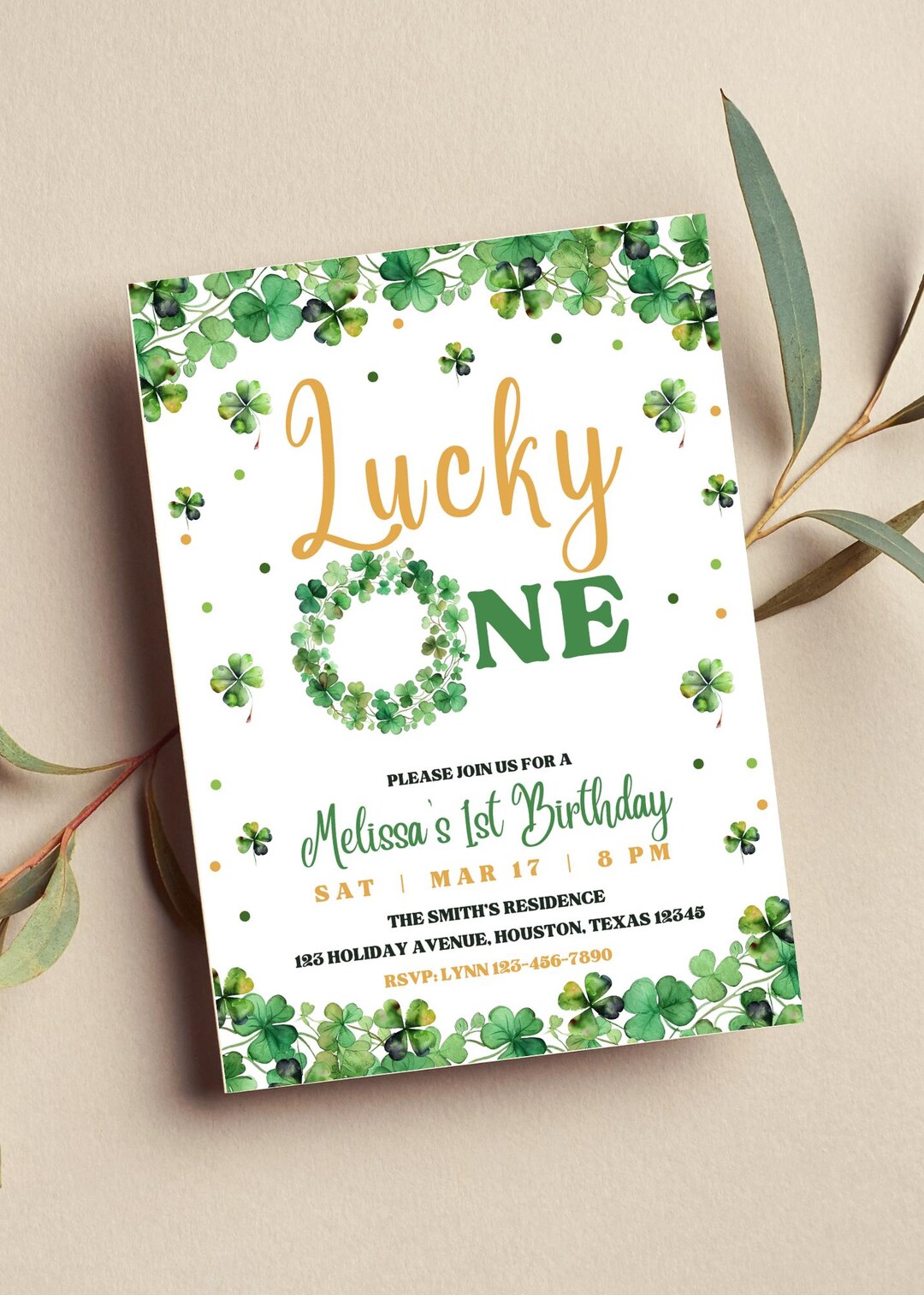 Editable Lucky One Birthday Invitation, 1st Birthday, St. Patrick's Day ...