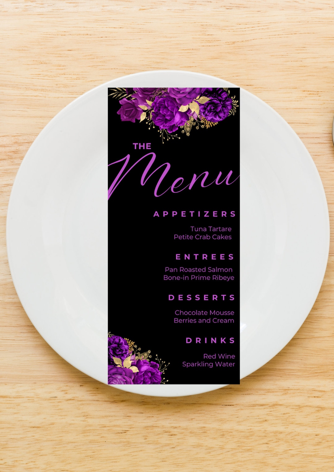 Editable Menu Card Template, Purple, Black and Gold Menu Cards, Floral ...