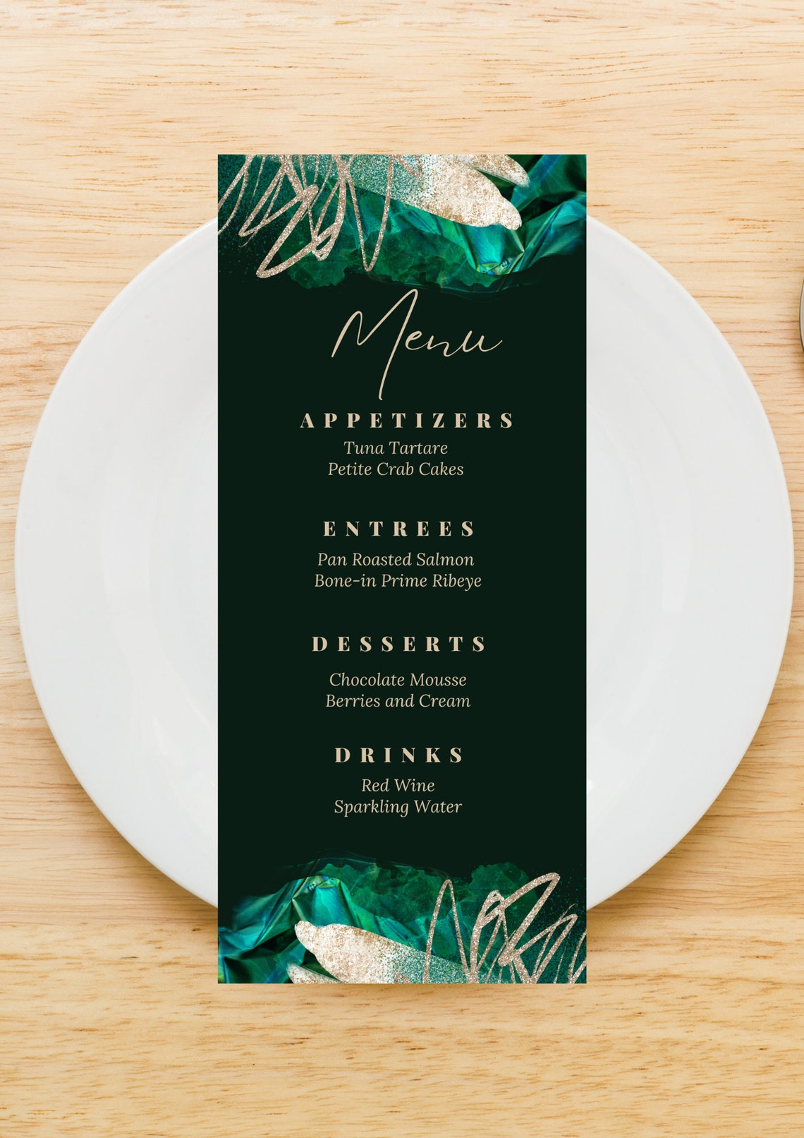 Editable Green and Gold Menu Card Template, Emerald Green, Menu Card ...