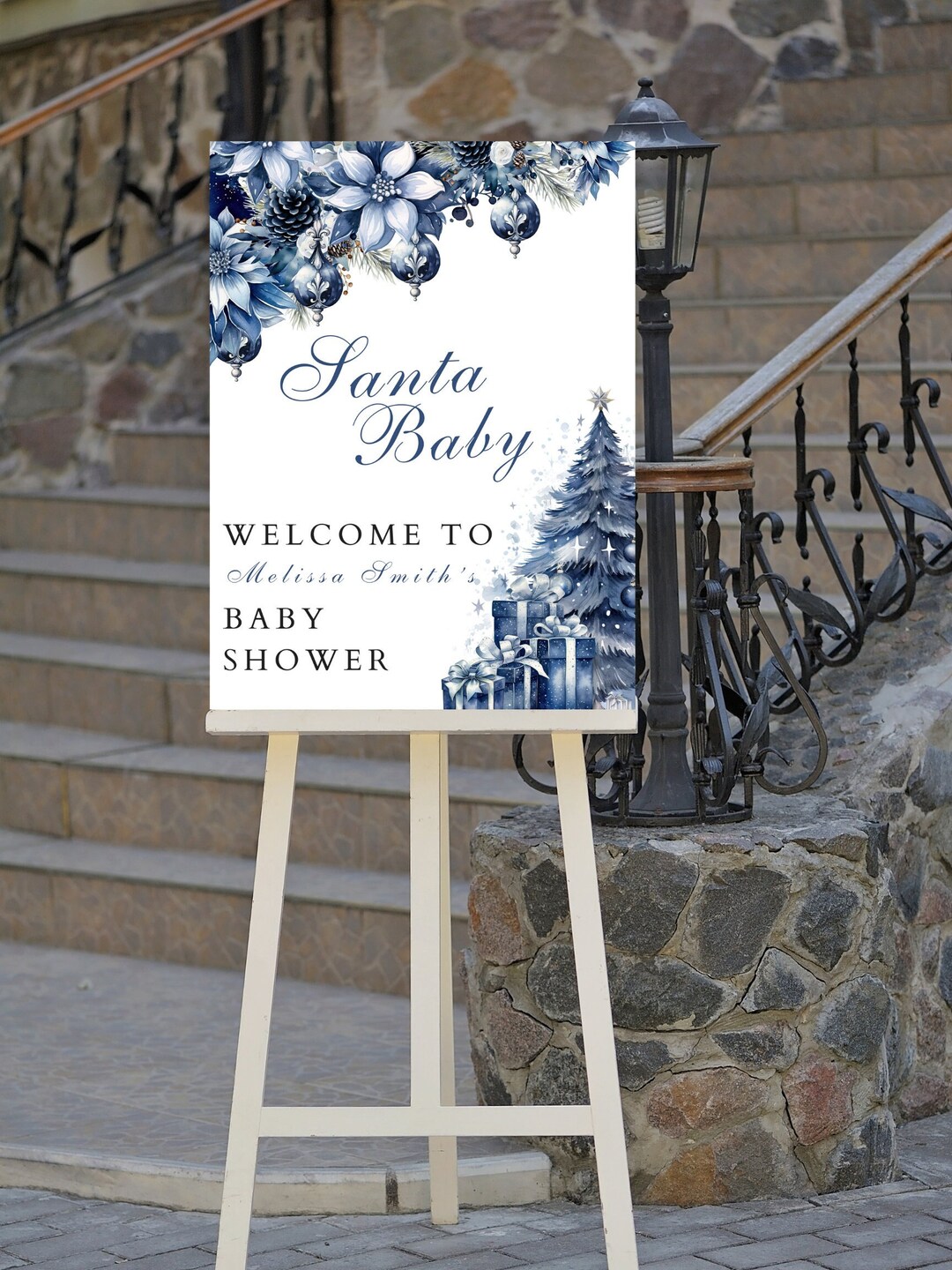 Editable Santa Baby Welcome Sign Baby Shower Blue Christmas Entrance ...