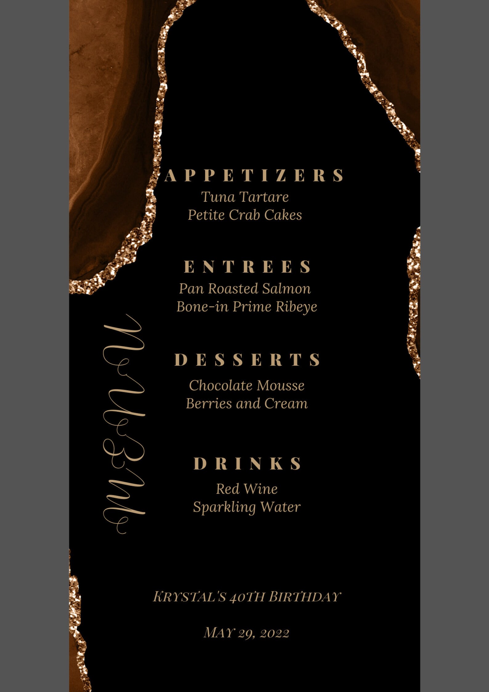 Editable Birthday Party Menu Card Template Brown and Gold - Etsy