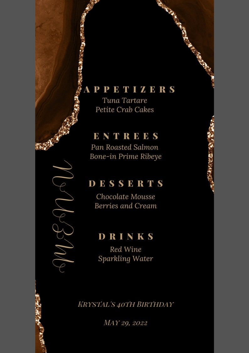 Editable Birthday Party Menu Card Template, Brown and Gold Menu Card ...