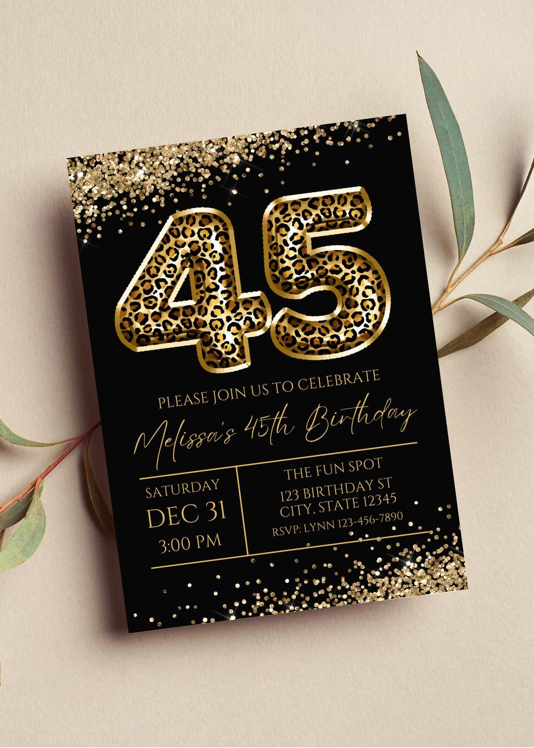 Editable 45th Birthday Invitation, Leopard Print, Black and Gold ...
