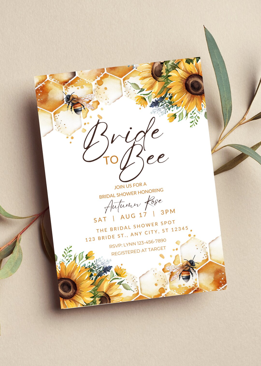 Editable Bride to Bee Bridal Shower Invitation, Sunflower, Honeycomb ...