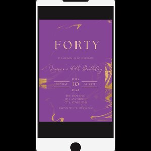 Editable Purple and Gold Birthday Invitation, Marble, Luxury, Printable ...