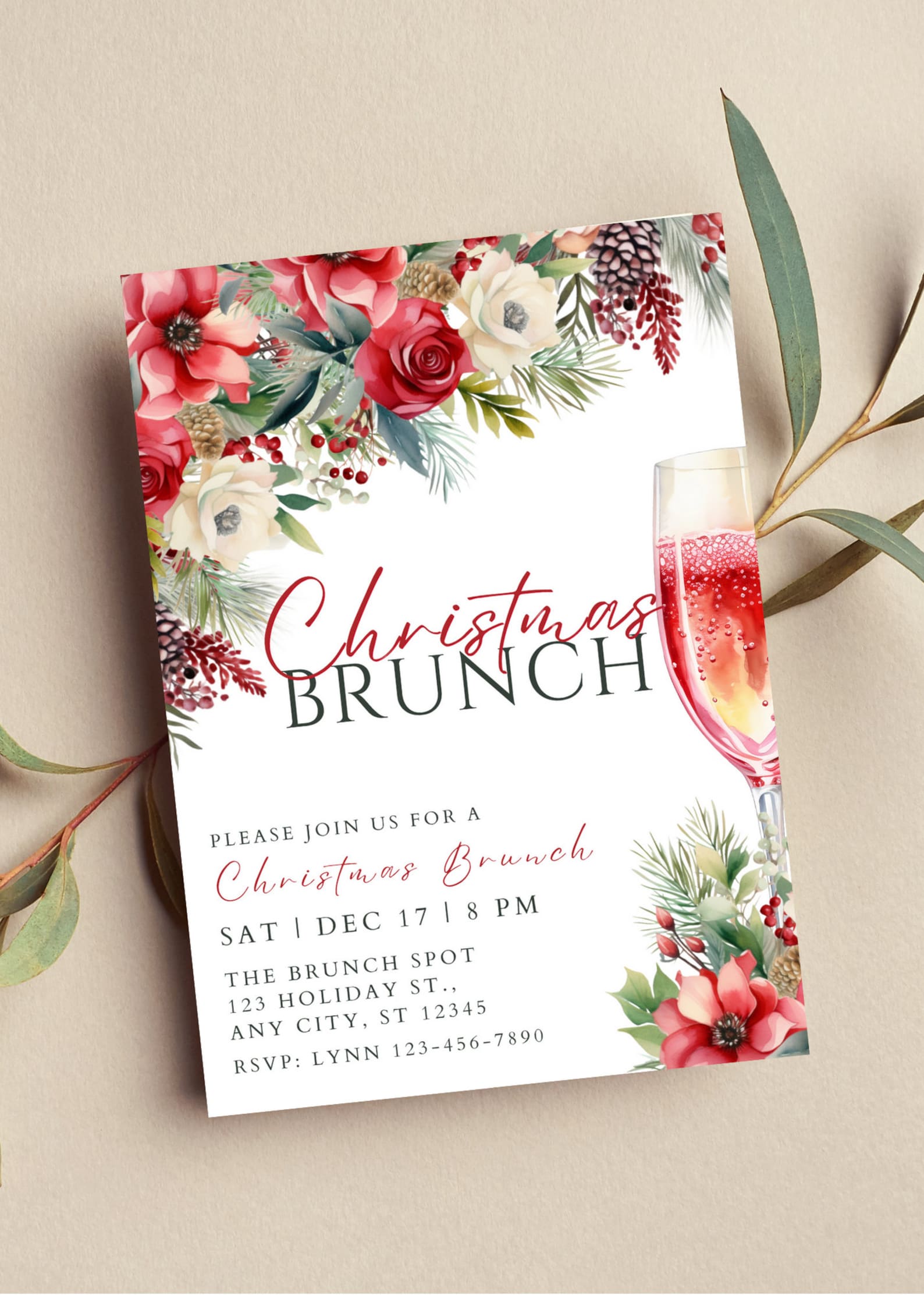 Editable Christmas Brunch Invitation Holiday, Christmas Cocktail ...