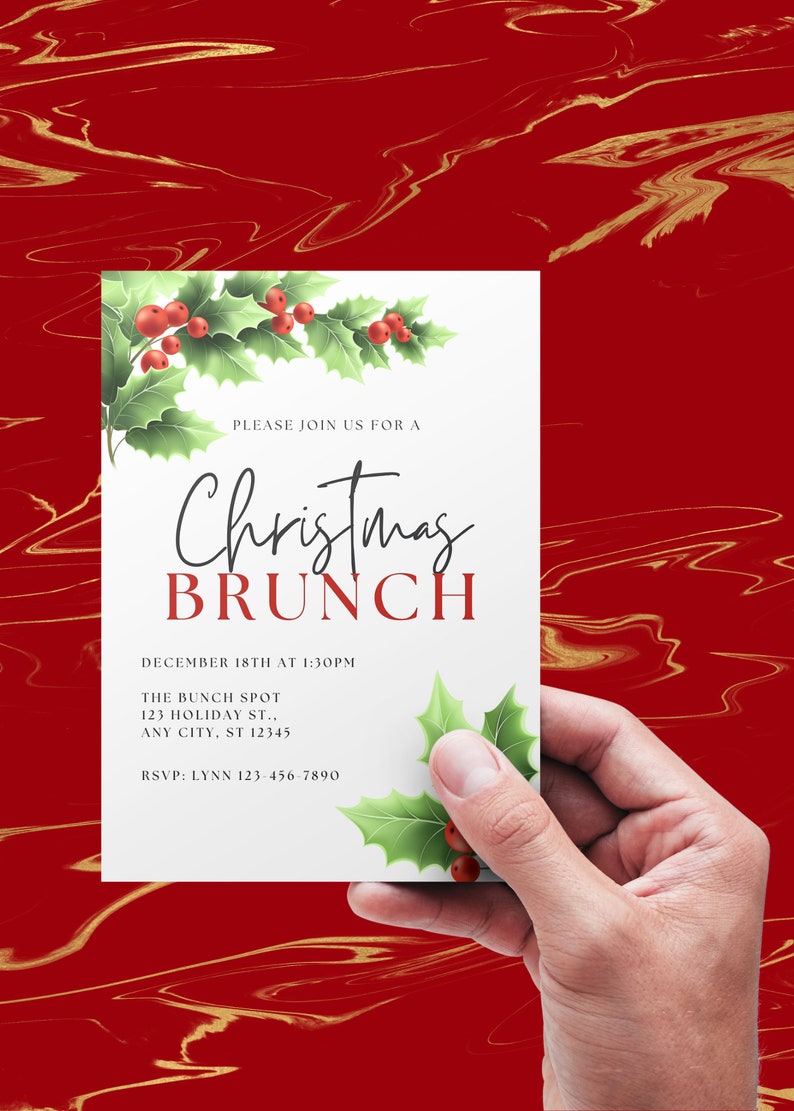 Editable Christmas Brunch Invitation Holiday Invite Holly - Etsy