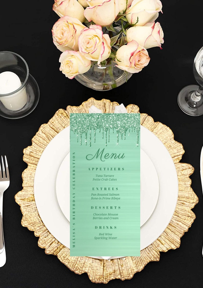Editable Mint Green Menu Card Template Mint Green Glitter - Etsy