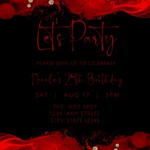 Editable Red and Black Invitation, Let's Party Birthday Invite, Glam ...