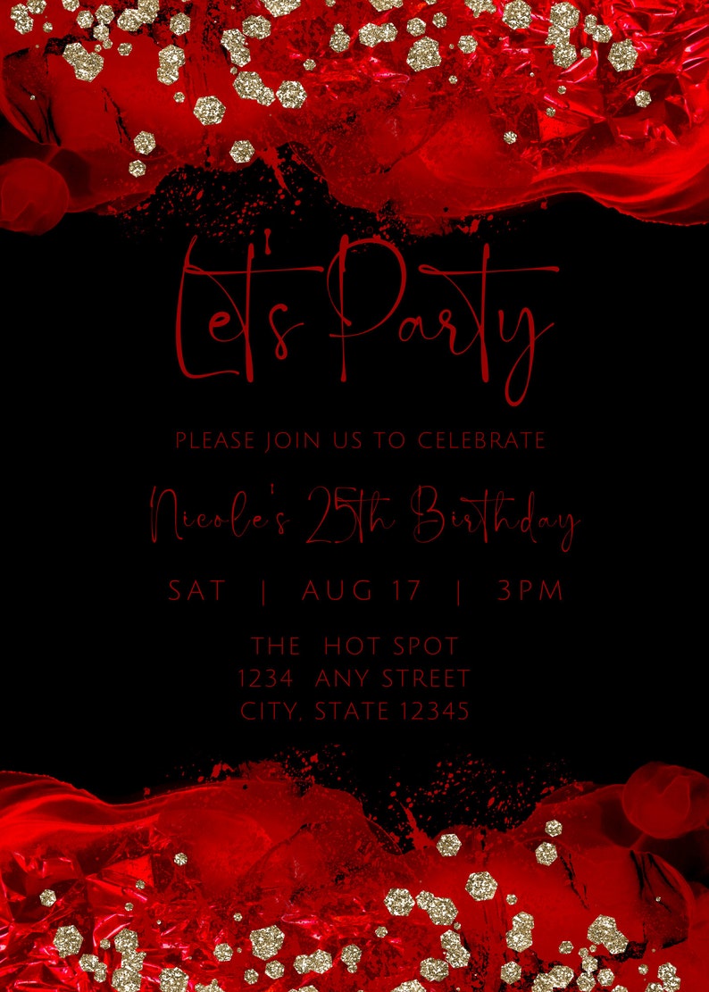 Editable Red and Black Invitation Let's Party Birthday - Etsy