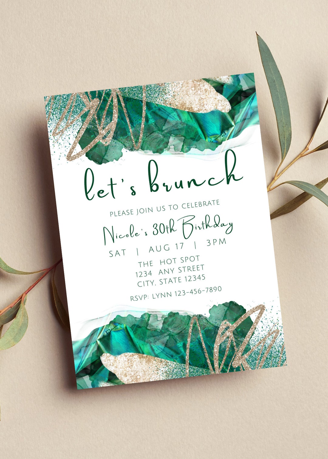 Editable Let's Brunch Invitation, Green and Gold Invite, Birthday ...