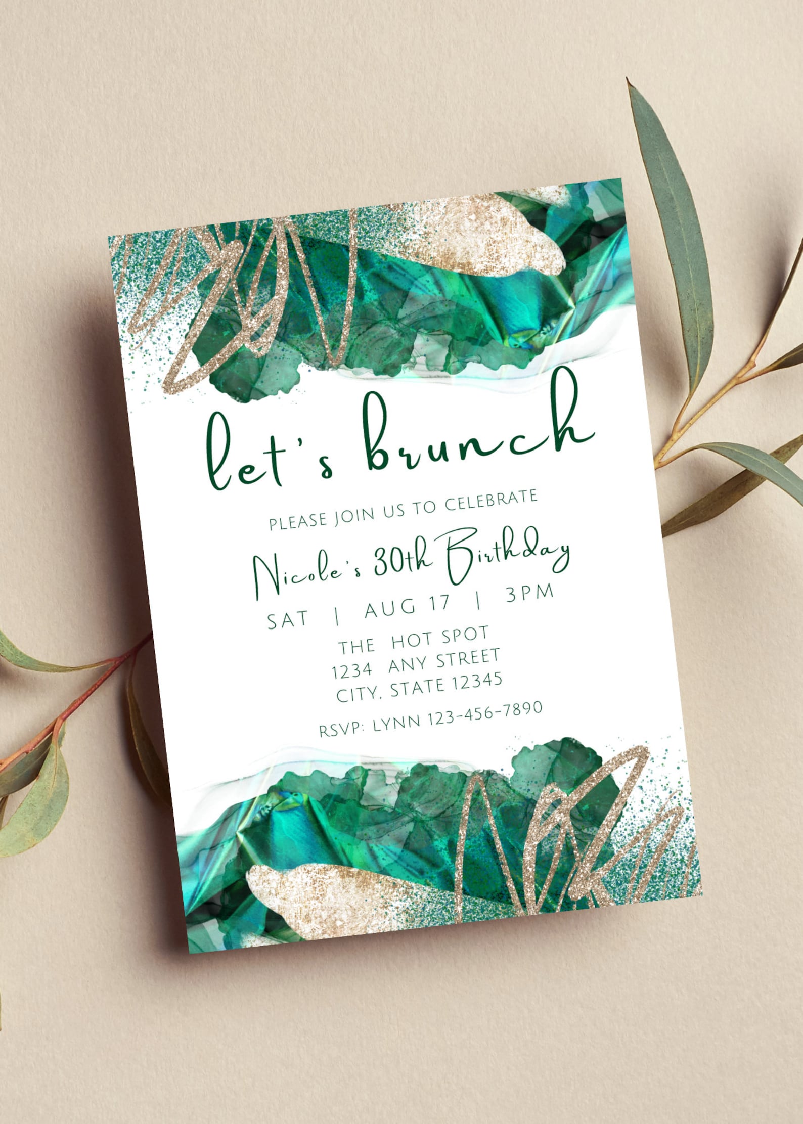 Editable Let's Brunch Invitation, Green and Gold Invite, Birthday ...