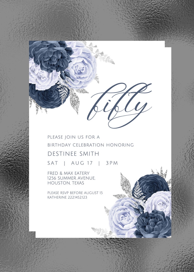 Editable Dusty Blue and Silver Floral Invitation Dusty Blue - Etsy