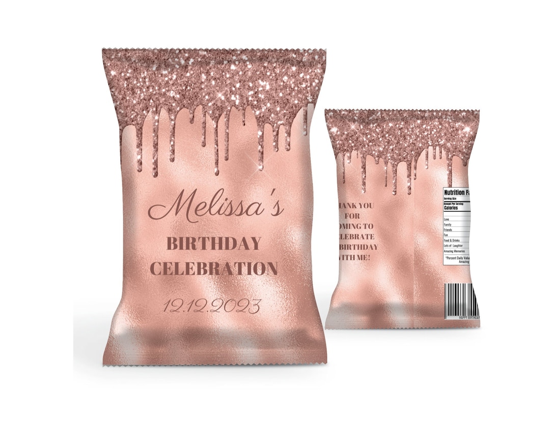 Editable Birthday Chip Bag, Rose Gold Chip Bag, Party Decor, Party ...