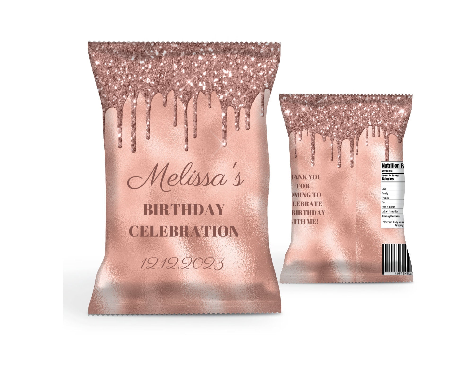 Editable Birthday Chip Bag, Rose Gold Chip Bag, Party Decor, Party ...