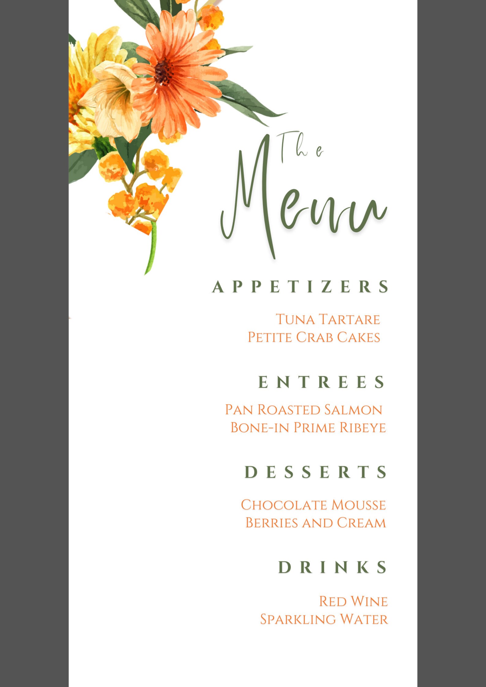 Editable Menu Card Template, Orange and Yellow Menu Cards, Floral ...