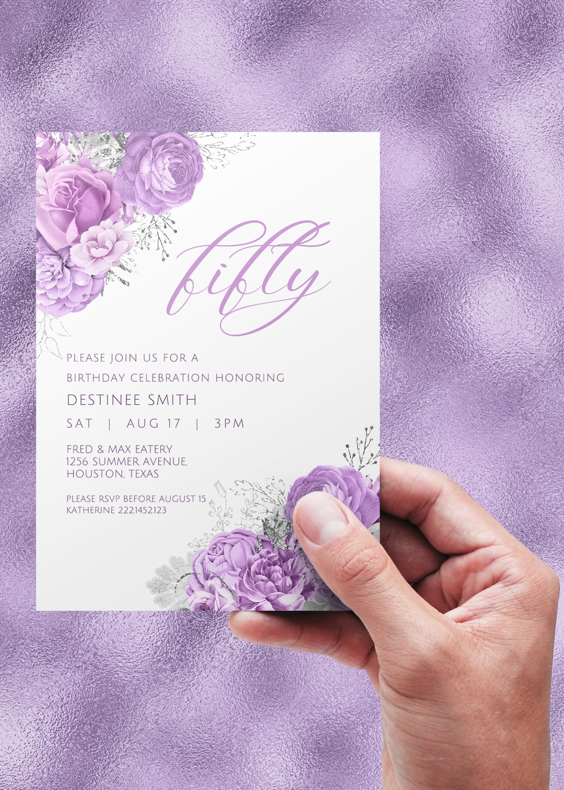 Editable Lavender and Silver Floral Invitation, Lavender and Silver Flowers, Birthday Invitation ...