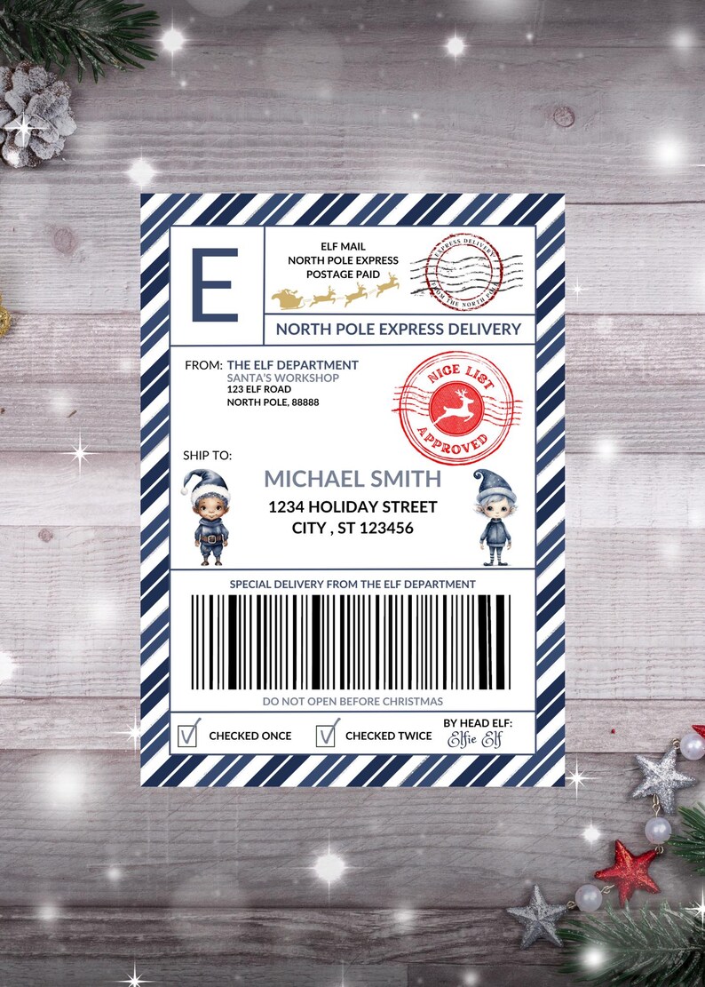 Printable Blue Elf Shipping Label, North Pole Delivery, Santa Postage ...